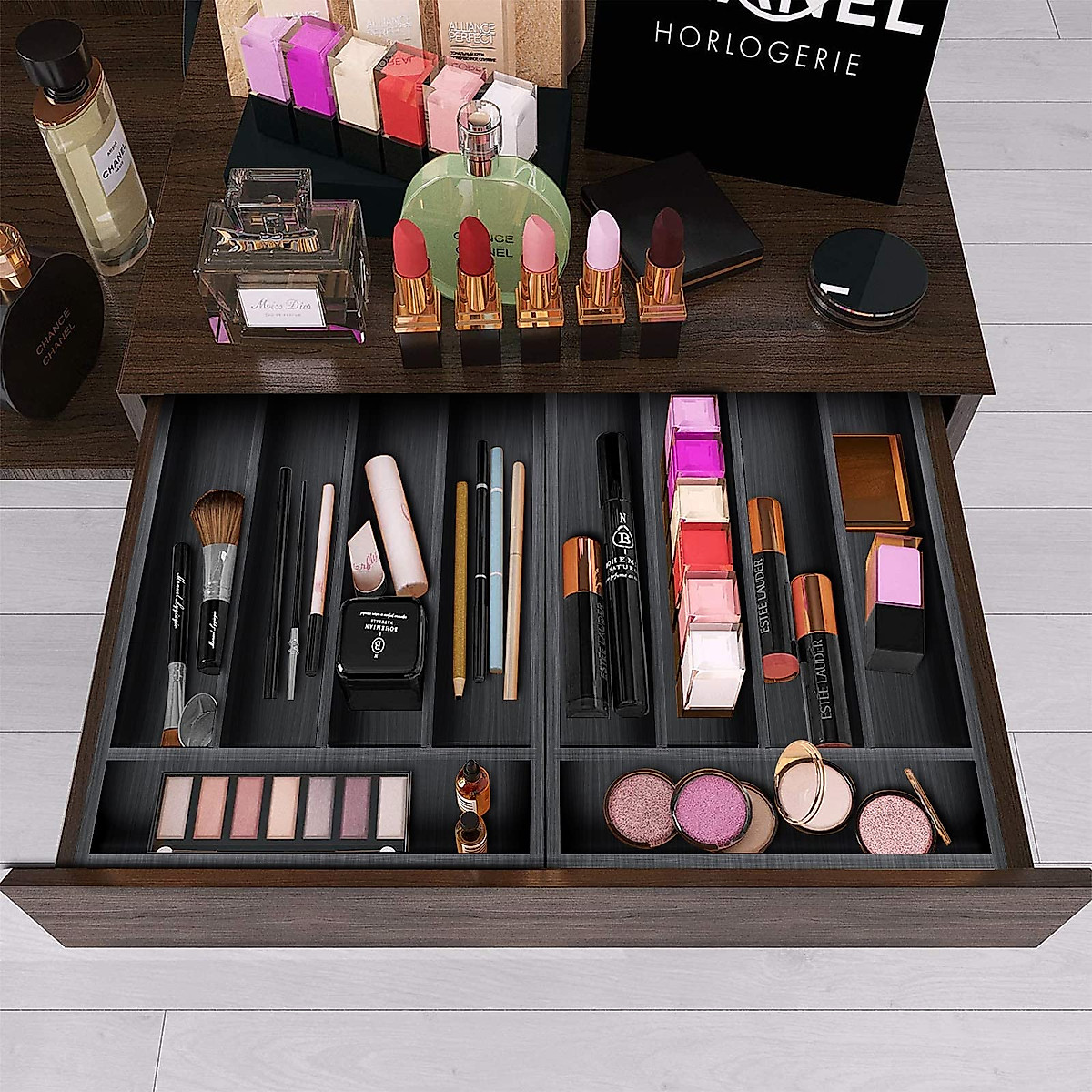 Ayiaren Kitchen Utensil Drawer Organizer Wooden Cutlery Tray Wood Silverware Drawer Divider Flatware Organizer Utensils Tray Black Bamboo Cutlery Organizer for Drawer Inserts Silverware Tray