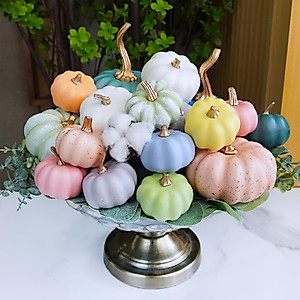 Winlyn 18 Pcs Bulk Assorted Rustic Harvest Artificial Pumpkins Decorative Pumpkins Faux Foam Pumpkins in Blue Green Teal for Fall Harvest Autumn Wedding Thanksgiving Halloween Party Table Centerpiece
