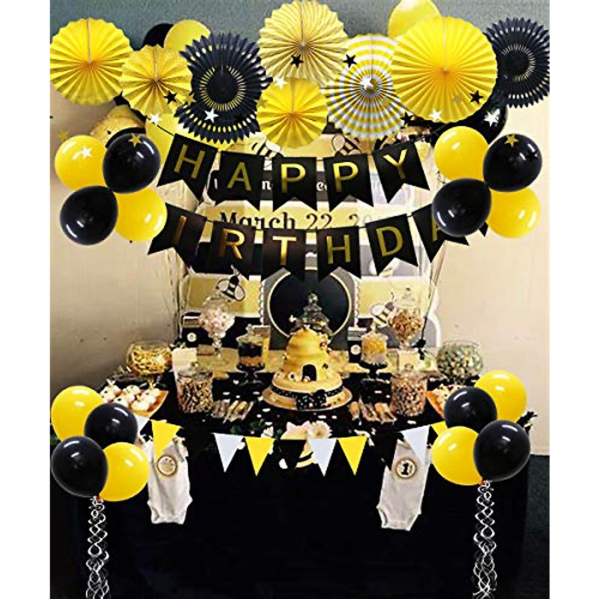 ADLKGG Yellow Black Party Birthday Decoration, Happy Birthday Banner with Balloons, Triangular Pennants, Hanging Swirls, Paper Fans, Circle Star Paper Garland for Baby Shower Bumble Bee Theme Birthday
