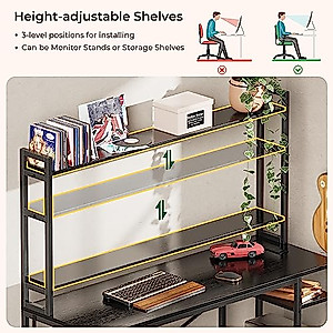 Huuger 55 inch Computer Desk with Adjustable Shelves, Gaming Desk with LED Lights & Power Outlets, Home Office Desk with Monitor Stand, Hooks & CPU Stand, Black