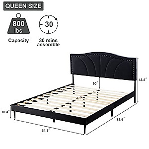AsKmore Queen Size Bed Frame,Velvet Upholstered Platform Bed with Decorative Line & Nailhead Trim Headboard with Wood Slat Support,No Box Spring Needed，Easy Assembly, Black