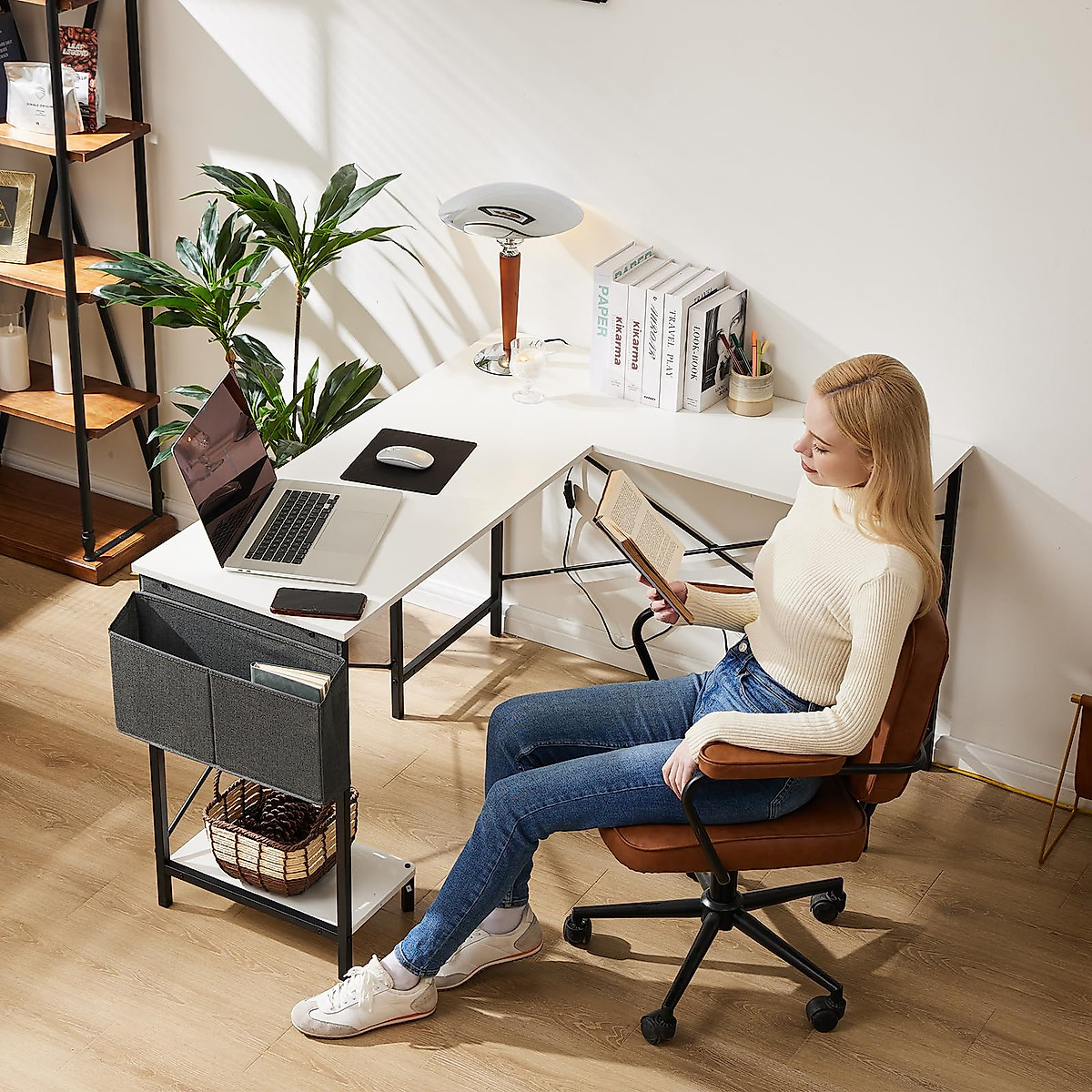 Sweetcrispy L Shaped Desk Gaming Computer 50 Inch Reversible Corner White Table PC Work Table for Writing Study Student with Wood Tabletop Metal Frame CPU Stand Side Bag for Home Office Small Place