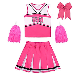Gigoitly Cheerleading Costume for Girls Pink Cheerleader Outfit with Pom Poms for Girls’ Cheer Up Halloween Birthday Gifts