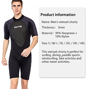 FINDSLINX Wetsuit Shorty for Men 3mm Neoprene Back Zip Wetsuit Spring for Diving Surfing Snorkeling Swimming B301BK-3XL, XXX-Large, Black