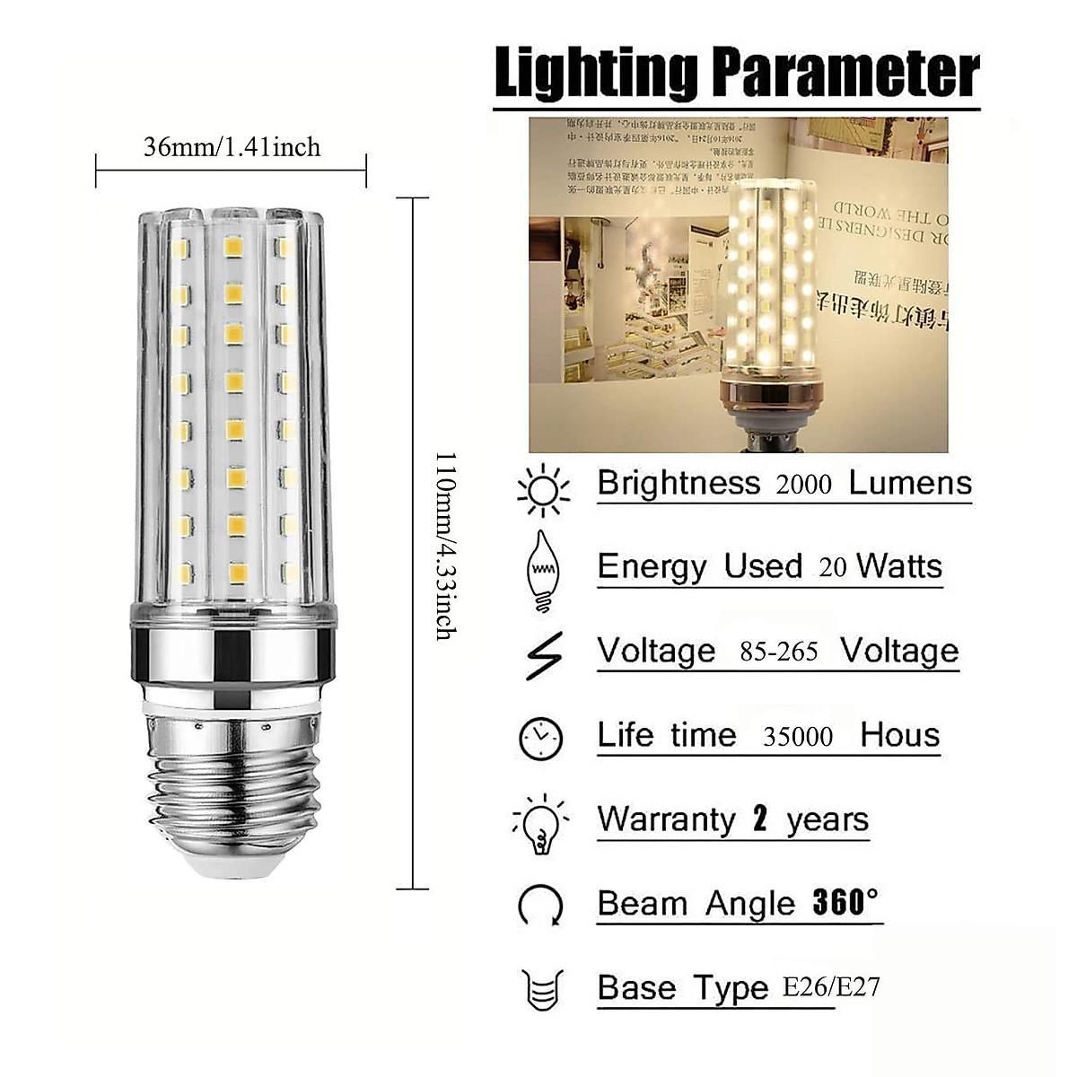 E26 LED Light Bulbs,20W Candelabra LED Bulbs 200 Watt Equivalent - 90 LEDs 2835 SMD 2000lm 3000K Warm White Decorative Candle Base E26/E27 LED Chandelier Bulbs,AC85-265V,4-Pack