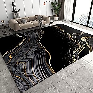 QINYUN Vintage Halo Area Rug, Black and Gold Marble Patchwork Living Room Rug, Decorative Rug Fluffy Durable and Comfortable for Bedroom Dining Room Apartment Office-6ft×8ft