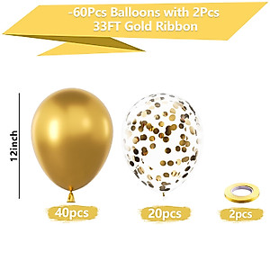 Kelfara Metallic Gold Balloons 60Pcs 12 inch Metallic Gold and Confetti Latex Balloon Bulk for Birthday Party Bridal Shower Wedding Engagement Anniversary Prom Decorations with Gold Ribbon