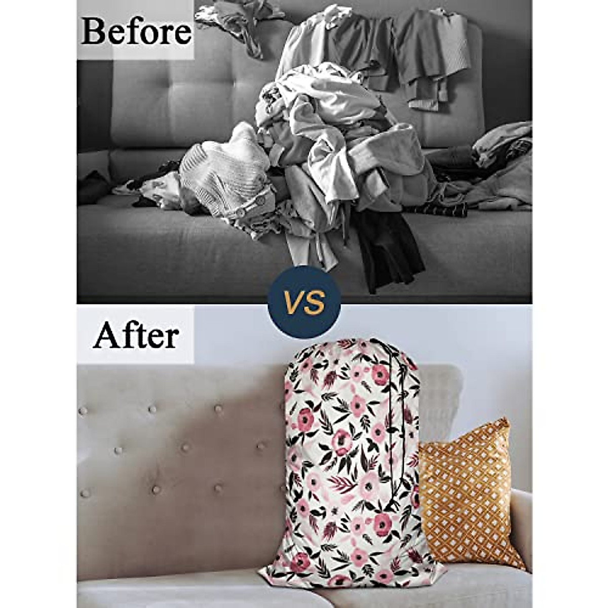 Swono Watercolor Sketch Poppy Large Laundry Bag Washable Large Dirty Clothes, Leaf Repeating Pattern Drawstring Organizer Bag, Fit Hamper Basket Camp Travel Home Dorm, Pink Black