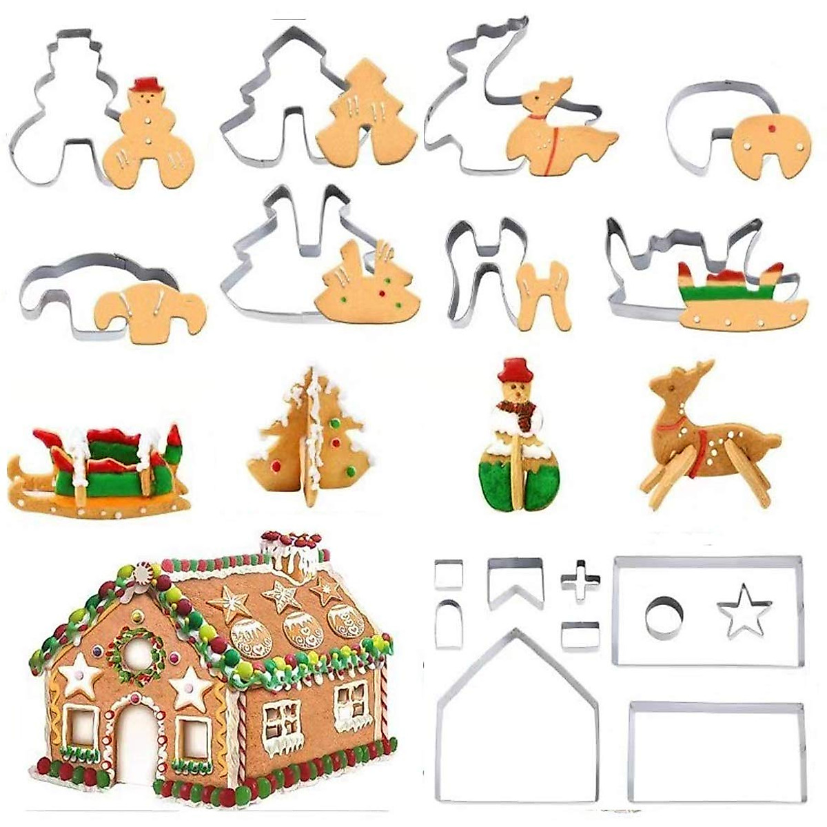 3D Christmas House Cookie Cutter Set, Gingerbread House Cutters Kit, Festive Xmas Stainless Steel Biscuit Cutter Set, Including Christmas Tree, Snowman, Reindeer, Sled Shapes, Gift Box Package(18pcs)