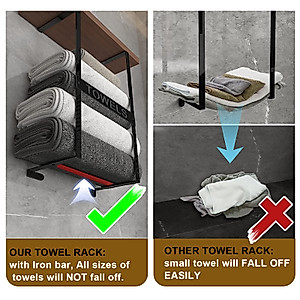 Towel Rack, ZUJJAFY Racks for Bathroom Storage Wall Mounted Holder Decor, Bath Organizer with Wooden Shelf and Hooks Rolled Towels Matte Black With ''Towels'' Logo