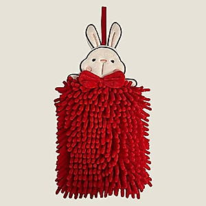 NUFR 2 Pack Cute Rabbit Red Chenille Hanging Hand Towel with Loop for Kitchen Bathroom, Absorbent Small Hand Drying Cloth