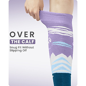 OutdoorMaster Ski Socks, 2-Pair Pack Skiing and Snowboarding Thermal Socks for Women with Over the Calf Design w/Non-Slip Cuff, Mountain Patterns - Lavender, Medium