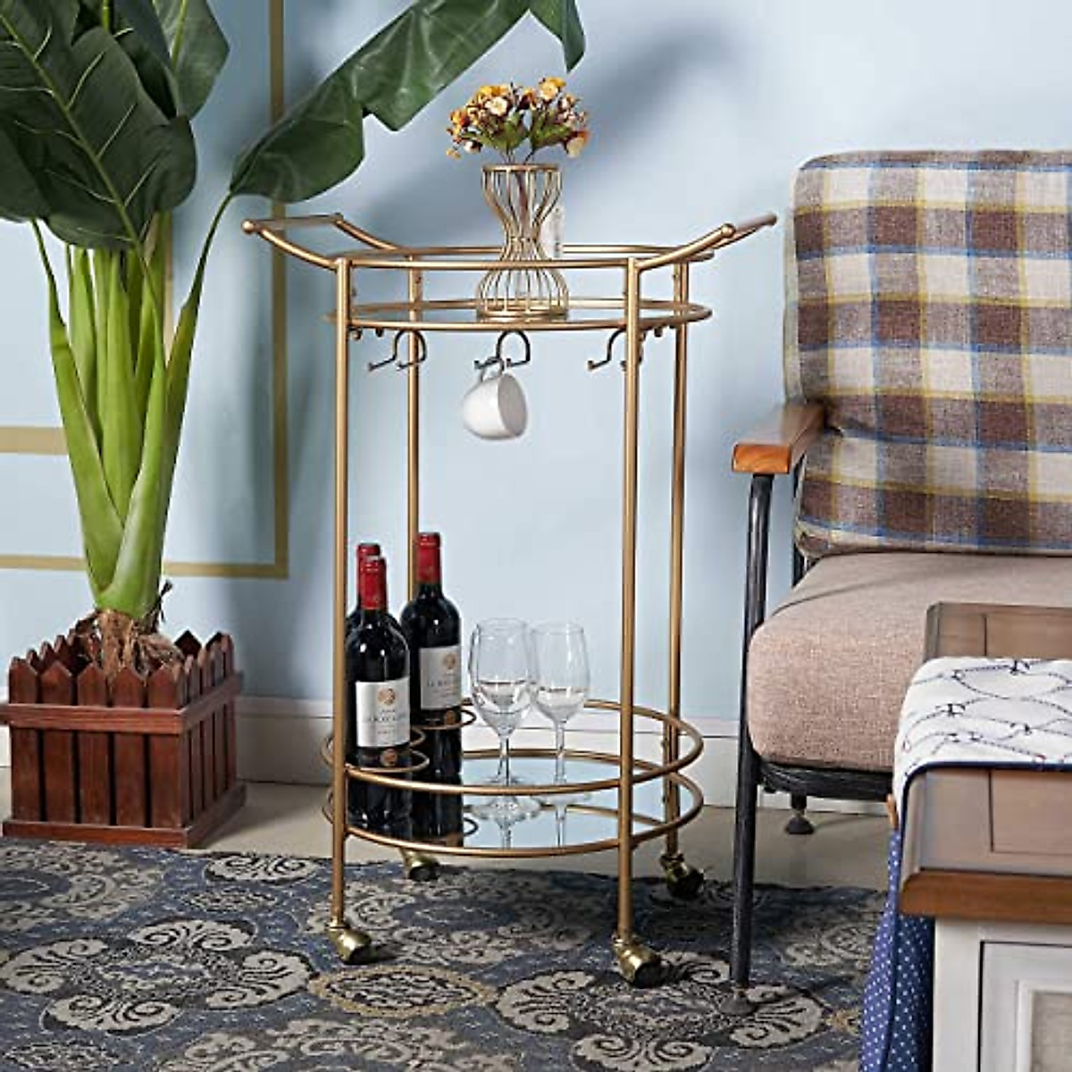 Round Gold Rolling Bar Cart with 2 Mirror Shelves, Wine Rack and Lockable Casters, Suitable for Home Kitchen, Club, Living Room, Thanksgiving, Christmas, New Year, 22"X18"X33"