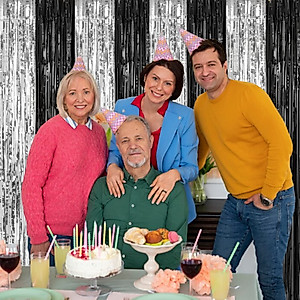 PIGETALE, 2 Pack 3.2 x 8.2 ft Black and Silver Foil Fringe Curtains Party Decorations, Sparkle Tinsel Curtain Photo Backdrop for Birthday Wedding Graduation Stream