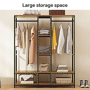 DlandHome Free Standing Closet Organizer, Heavy Duty Garment Rack with Storage Shelves Wardrobe Closet Storage with Shelves with 2 Rods Large Clothing Rack for Hallway, Bedroom,10ZXJHUT-YJ15