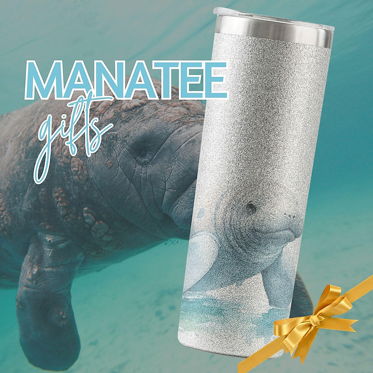 Onebttl Manatee Gifts for Women/Girls, 20 oz Skinny Tumbler with Lid and Straw, Best Gifts for Manatee Sea Animals Lovers on Christmas/Birthday, Gift Box Included, Silver Glitter