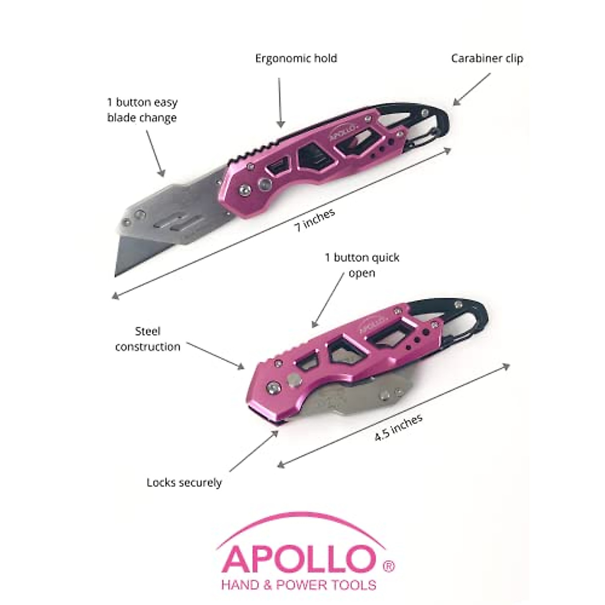 Apollo Tools Foldable Utility Knife with Lightweight Steel Construction, Carabiner Clip, Quick Blade Change Technology, Lock Feature. Accommodates Standard Blades - Pink Ribbon - Pink - DT5017P