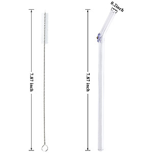 6pcs Glass Straws Shatter Resistant, Colorful Flower Glass Straws with Design,7.9in X 8 mm Bend Glass Reusable Straw with 2 Cleaning Brushes for Smoothies, Milkshakes, Juices, Teas(Transparent)