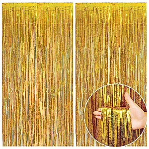 Tinsel Curtain Party Backdrop Gold Birthday Party Decorations 2 Packs Glitter Foil Fringe Curtain Party Decor Streamers Photo Booth for Birthday Christmas Wedding Halloween Graduation Decorations