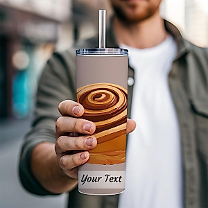 Personalized Custom Name Text Cinnamon Roll Bun Skinny Tumbler 20oz with Straw Insulated Water Bottle Gift - 1 Line Horizontal