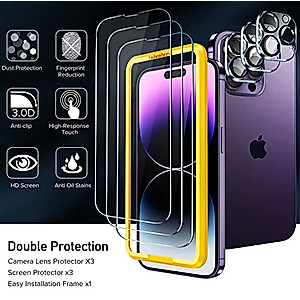 ivoler Screen Protector [3+3 Pack] for iPhone 14 Pro 6.1 inch [3 Pack] with [3 Pack] Camera Lens Protector, Double Shatterproof Tempered Glass [Easy Installation Frame] [9H Hardness] [99.99% HD Clear]