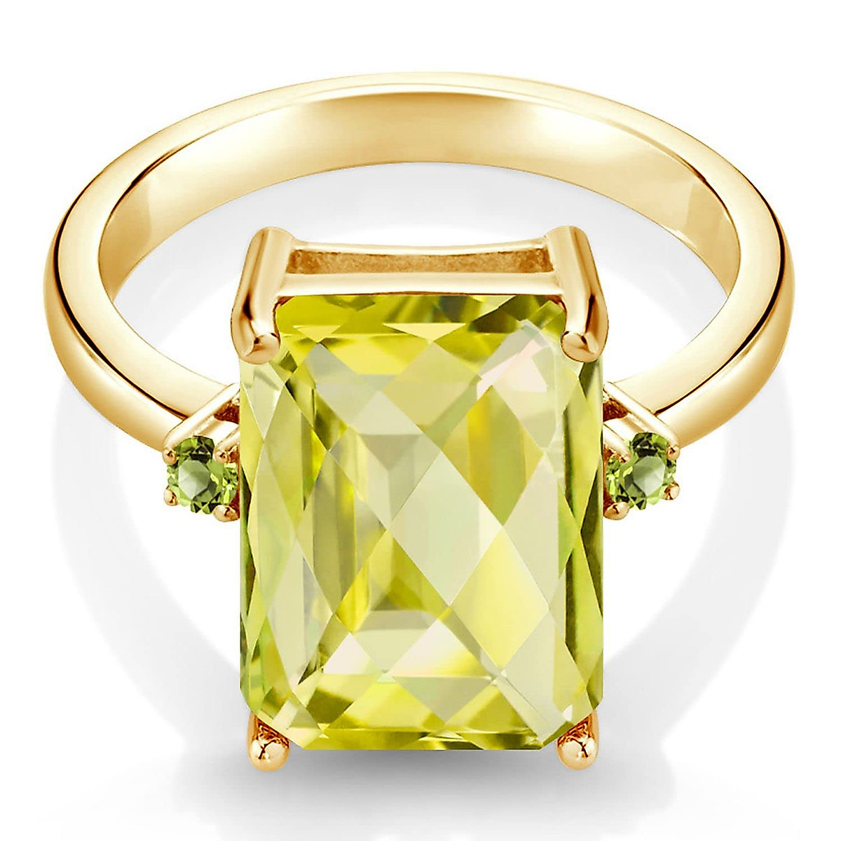 Gem Stone King 18K Yellow Gold Plated Silver Yellow Lemon Quartz and Green Peridot Ring For Women (6.95 Cttw, Emerald Cut Checkerboard 14x10MM, Gemstone Birthstone, Available In Size 5, 6, 7, 8, 9)