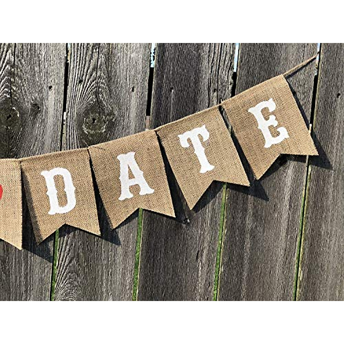 Save The Date Burlap Banner - Engagement Picture Prop Wedding Announcement - Ready to Hang Bridal Shower Decoration – White Letters & Red Hearts Garland by Jolly Jon