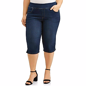 1826 Jeans Jack David Women's Plus Size Cuff Rolled Capri Bermuda Short Curvy Denim Jean (1X, Level Eight Pull On Dark Blue Capri)