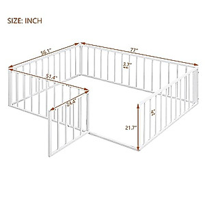 SIYSNKSI Full Size Floor Bed with Fence and Door, Metal Floor Bed Frame, Montessori Bed Platform Bed Frame for Kids Boys Girls, Easy Assembly (White + Metal-2)