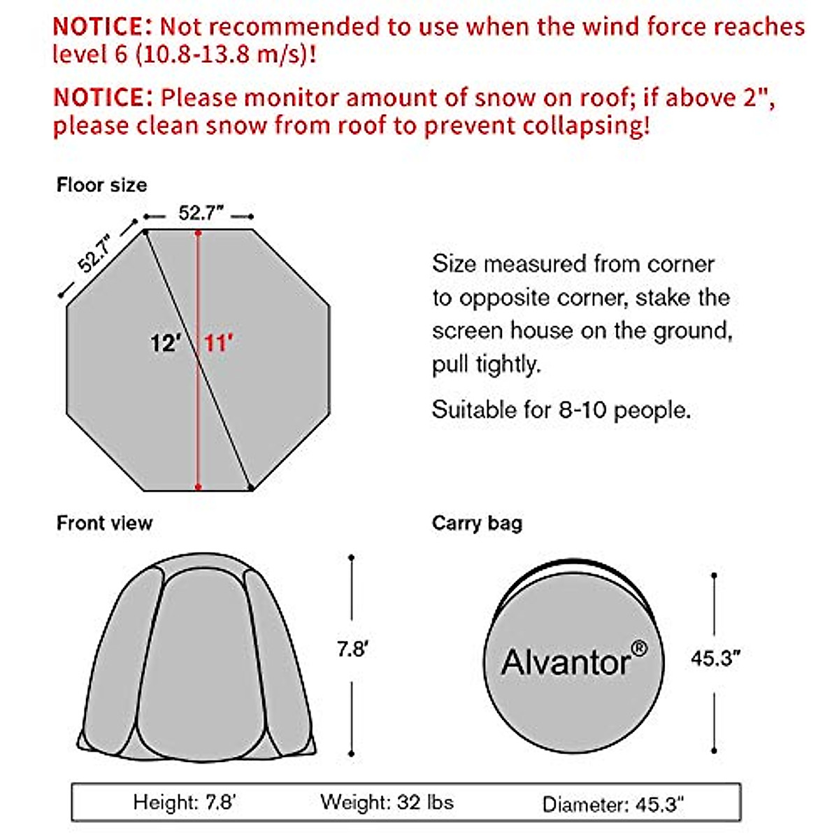 Alvantor Pop Up Bubble Tent - 12’ x 12’ Instant Igloo Tent - 8-10 Person Screen House for Patios - Large Oversize Weather Proof Pod - Cold Protection Camping Tent - Beige