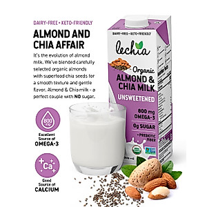 Organic Almond & Chia Milk, Zero Sugar, Almond Milk, with 800mg OMEGA-3 and Prebiotic Fiber, Vegan, Dairy Free, Gluten Free, Plant Based, Lactose Free, Non-GMO, Shelf-Stable, Low Carb, Keto, Soy Free, Kosher, Lechia, 32oz (6 Pack)