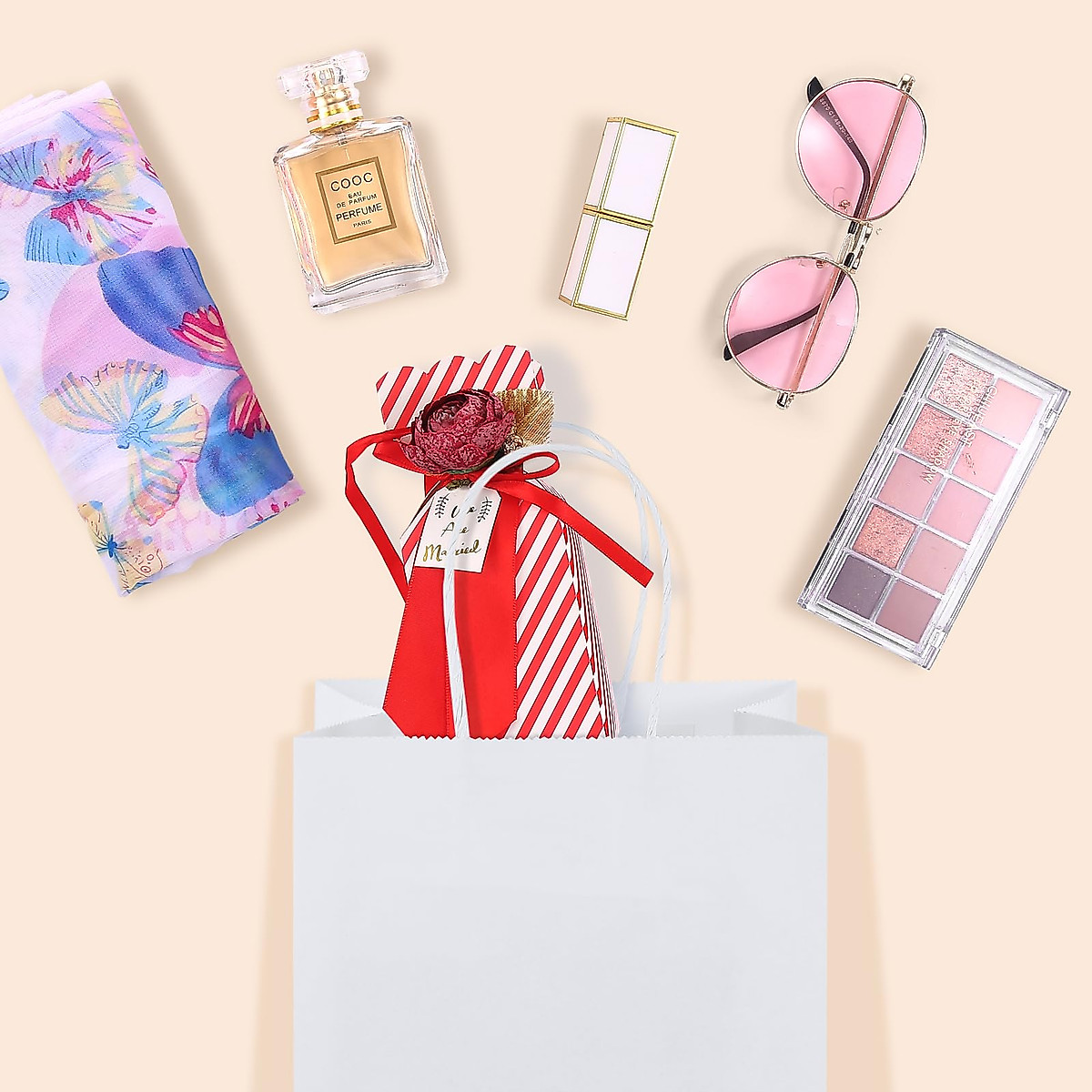 GSSUSA 50 Pcs White Kraft Paper Bags 5.25x3.25x8, Small Paper Bags with Handles for Shopping, Gift, Merchandise, Retail, Party Favor, Wedding, Gift Bags, Bags for Small Business, Boutique