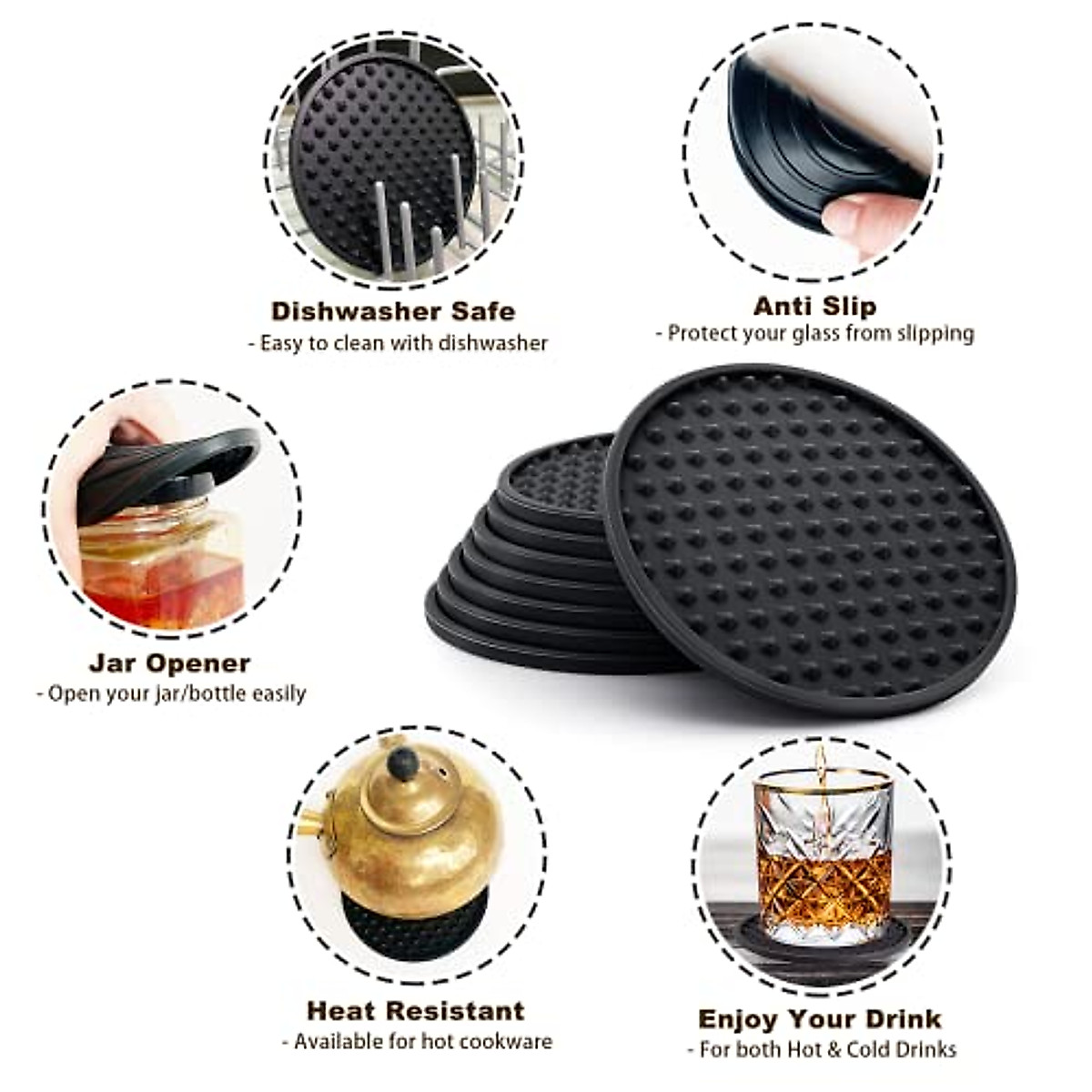 Silicone Coasters for Drinks with Holder, Drink Coasters with Grooved Pattern, Non-Slip Base, Washable and Heat Resistant Coffee Coasters for Table/ Kitchen/Office/Bar (Pyramid Pattern-Black)