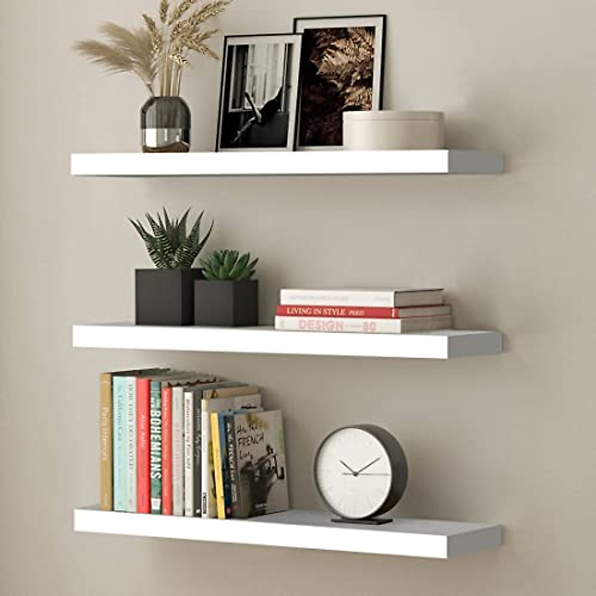 Set of 3 Floating Shelves,Wall Mounted Floating Storage Shelves,White Finish Wall Mount Shelf Sets, Wood Wall Shelves for Decor and Display,Be Used for Kitchen, Bathroom,Living Room, Bedroom and More.