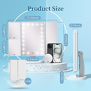 HAMSWAN Makeup Mirror Vanity Mirror with Lights, Lighted Makeup Mirror with 1X 2X 3X 10X Magnifying, Touch Control Design, Dual Power Supply, Portable LED Makeup Mirror, Women Gift (White+10X)