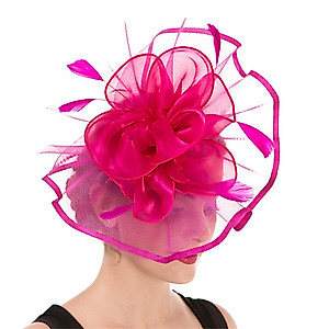 Fascinator Women's Organza Church Kentucky Derby British Bridal Tea Party Wedding Hat Summer Ruffle Hat(Hj2-Fuschia)