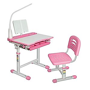 Diroan Kids Functional Desk and Chair Set, Ergonomic Height Adjustable Children School Study Desk with Tilt Desktop, Book Stand, LED Light, Metal Hook and Storage Drawer for Boys Girls(Pink)