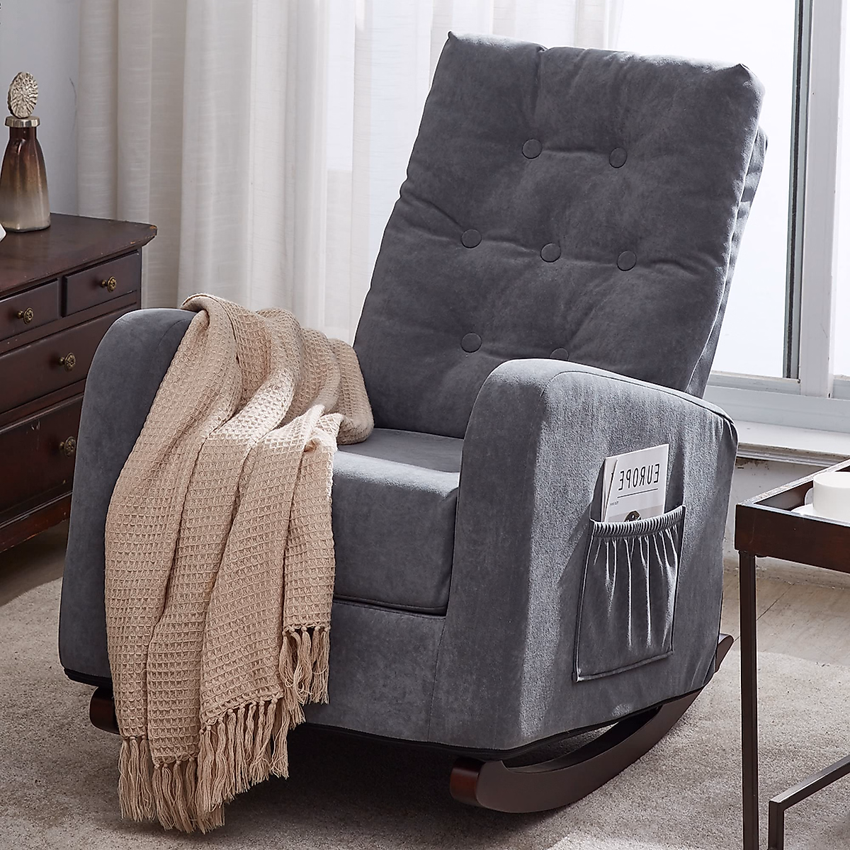 Dolonm Rocking Chair Modern Glider Chair for Baby Nursery Upholstered Velvet Rocker Tufted Button High Back Accent Armchair for Living Room, Bedroom, Office (Antique Gray)