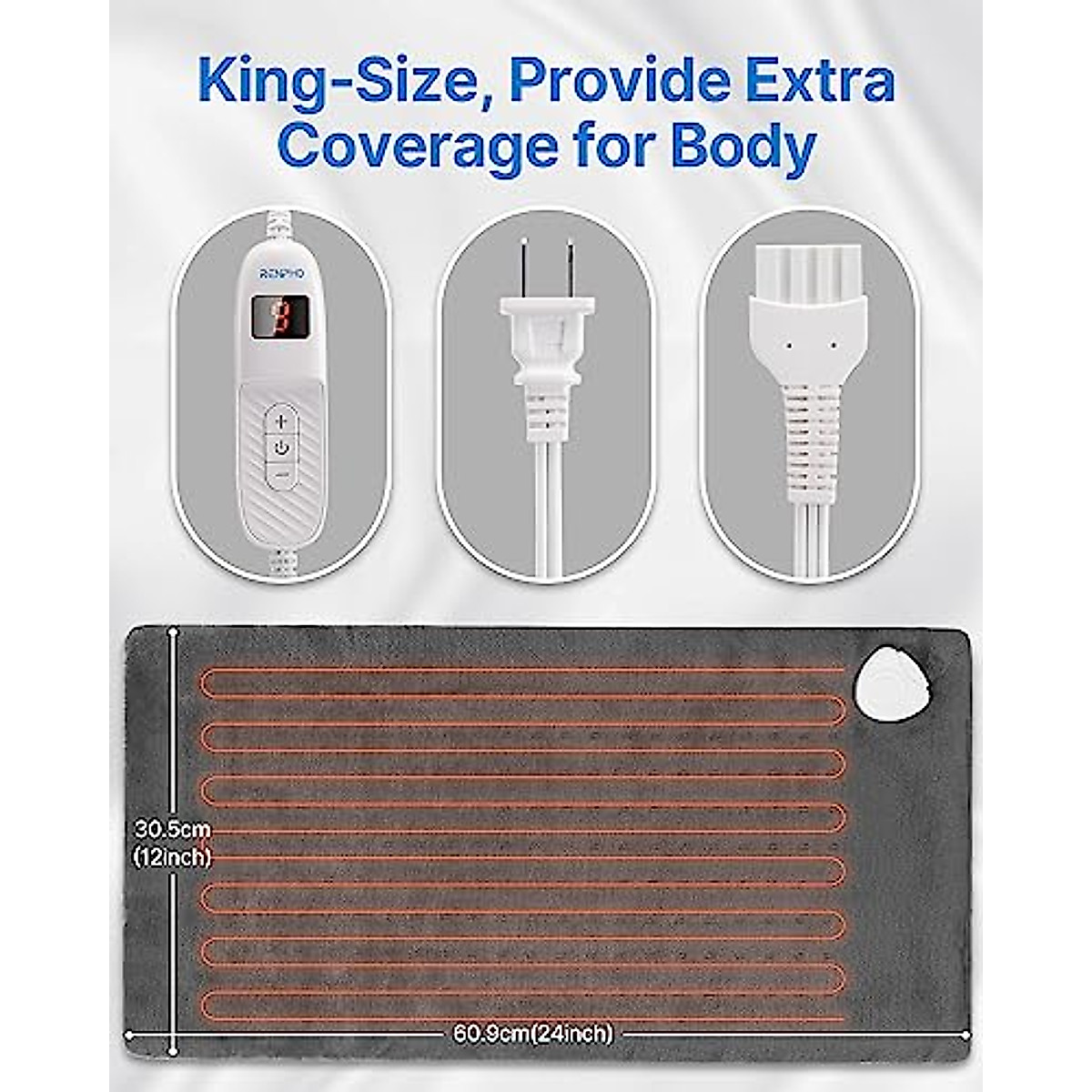 Heating Pad, Renpho Heating Pad for Back Pain Relief & Cramps Relief, FSA HSA Eligible, 10 Heat Settings, Auto Shut Off, Machine Washable, Gifts for Women, Men, ETL Certified, 12"x24'' (Gray)