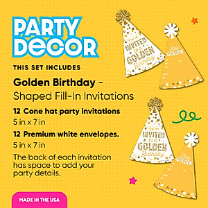 Big Dot of Happiness Golden Birthday - Shaped Fill-In Invitations - Happy Birthday Party Invitation Cards with Envelopes - Set of 12