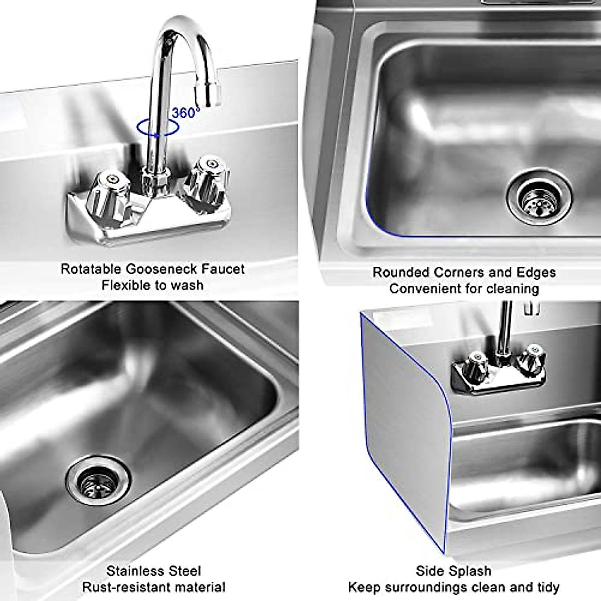PETSITE Stainless Steel Sink for Washing with Faucet & Splash Guard, Commercial Wall Mount Sink for Home Kitchen 17 x 15 Inch