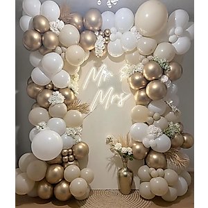 White Sand Gold Balloon Garland Arch kit 144pcs Beige Nude White with Metallic Chrome Gold Latex Balloons for Wedding Bridal Shower Engagement Party Decorations Birthday Baby Shower Supplies