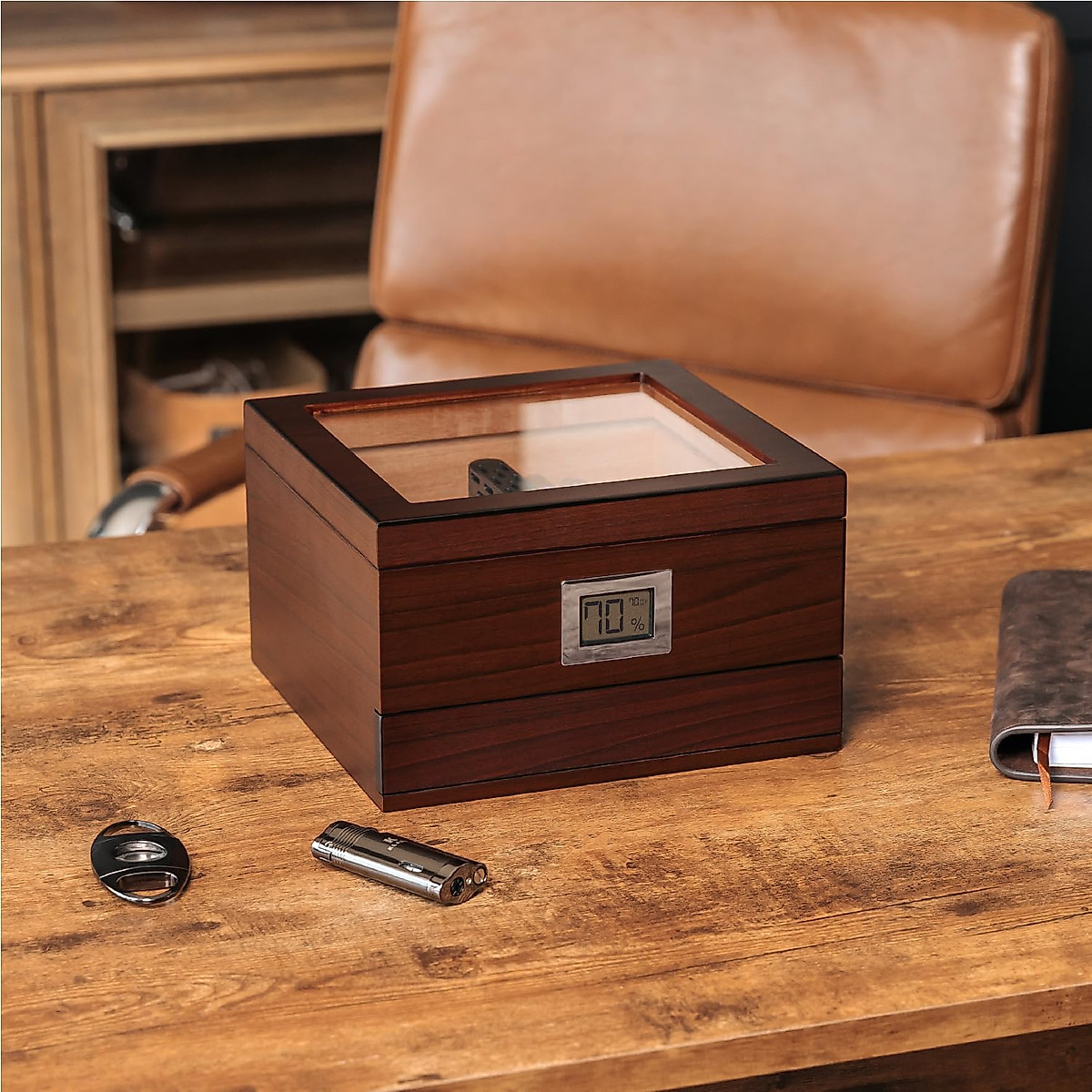 CASE ELEGANCE Glass Top Humidor with Thick Cedar, Easy humidification System, Accurate Digital Hygrometer - Renzo, Brown