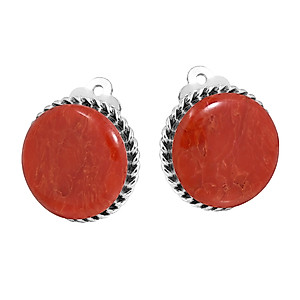 AeraVida Classic 18 mm Round Button .925 Sterling Silver Clip On Earrings | Reconstructed Red Coral Earrings for Women | Clip On Earrings for Women Non Piercing Sterling Silver