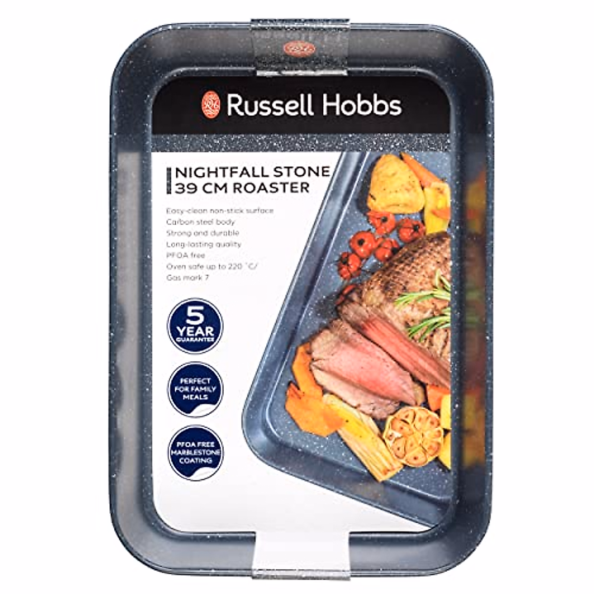 Russell Hobbs RH01832EU Deep Roasting Pan, Non-Stick Carbon Steel Roaster, Tall Sides Baking Tray for Meats, Vegetables, Large Oven Tin, Family Size, Nightfall Stone Collection, Blue Marble, 39 cm