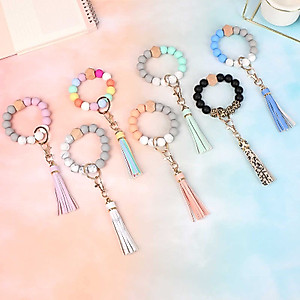 BAOSIWA Women Silicone Bracelet Keychain Wristlet Beaded Key Ring Leopard Bangle Chains with Leather Tassel
