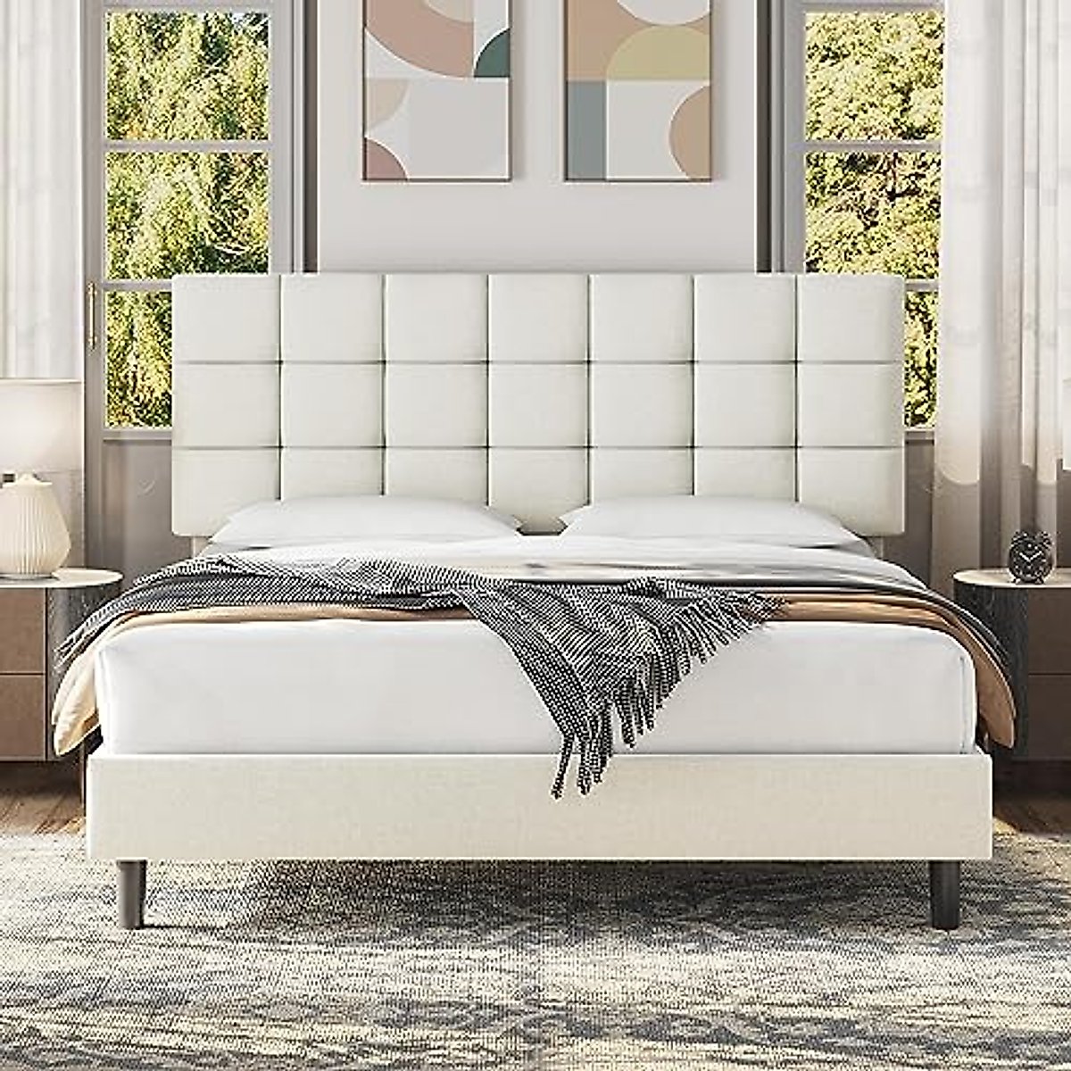Yaheetech Queen Upholstered Bed Frame, Platform Bed Frame with Square Tufted Fabric Headboard Height Adjustable, Wooden Slats Support, No Box Spring Needed, Beige