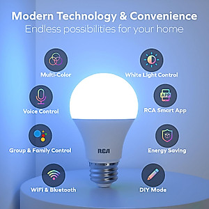 RCA Smart Light Bulbs, Multicolor LED, WiFi, Dimmable Color Changing Light Bulb, 800 Lumens 10W, Alexa & Google Home Compatible, 60W EQ A19 RGB Light, 2.4GHz only, No Hub Req, 2-PK