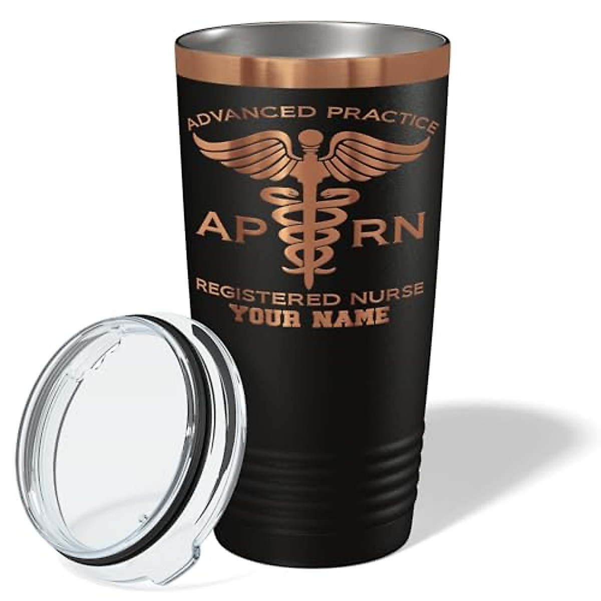 Personalized APRN Advanced Practice Registered Nurse on Black with Ion Rose Gold Design 20 oz Stainless Steel Tumbler with Lid - Insulated Cup - Custom Travel Mug