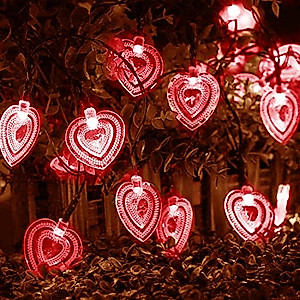 WONFAST Solar Heart String Lights, Waterproof 20ft 30LED Heart-Shaped 8 Mode Solar Starry Wedding Party Ambiance Lighting Fairy Lights for Outdoor Garden Home Christmas Valentine's Day Decor(Red)